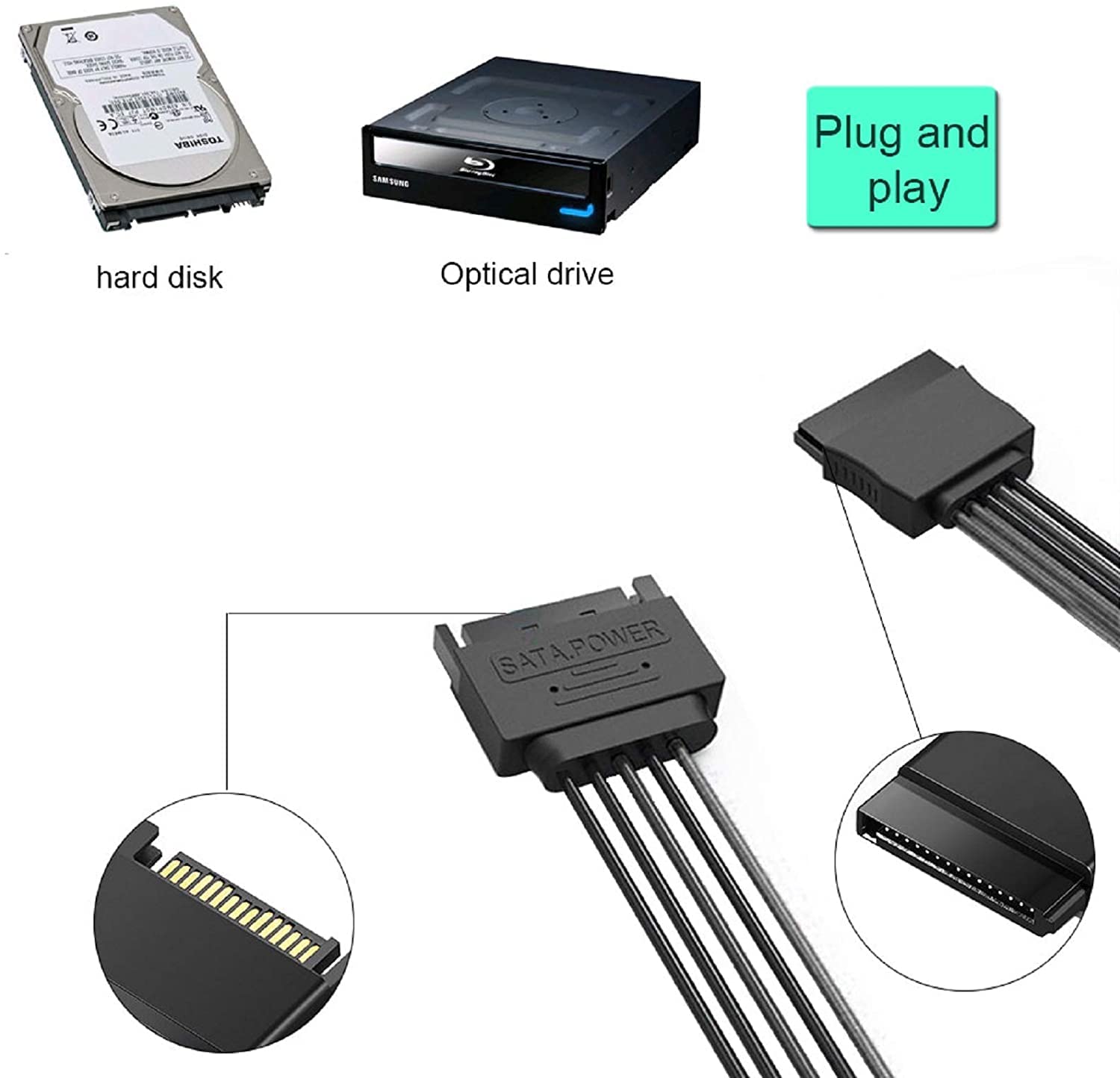 Dayree 3Pcs Sata Cable 15 Pin Sata Power Cable Sata Power Splitter for HDD, SSD, Optical Drives, DVD Burners, PCI Cards, Hard Drive Disk 13"