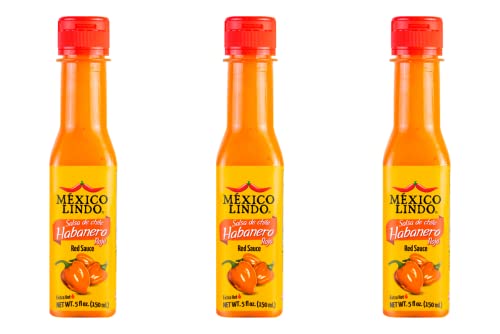 MEXICO LINDO Red Habanero Hot Sauce | Real Red Habanero Chili Pepper | 78,200 Scoville Level | Enjoy with Mexican Food, Seafood & Pasta | 5 Fl Oz Bottles (Pack of 3)