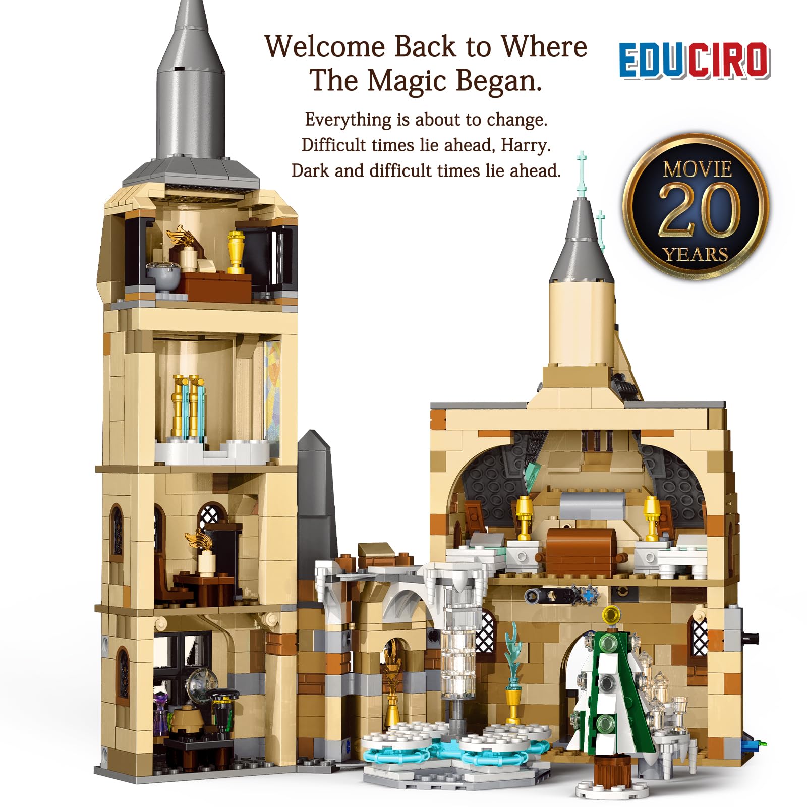 Under the Baubles Harry Castle Clock Tower Building Toy Set with Dumbledore Office Building, Magic Castle Architecture Model for Boys and Girls, Gift Ideas for Potter Fans Kids Aged 8-14 (871 PCS).