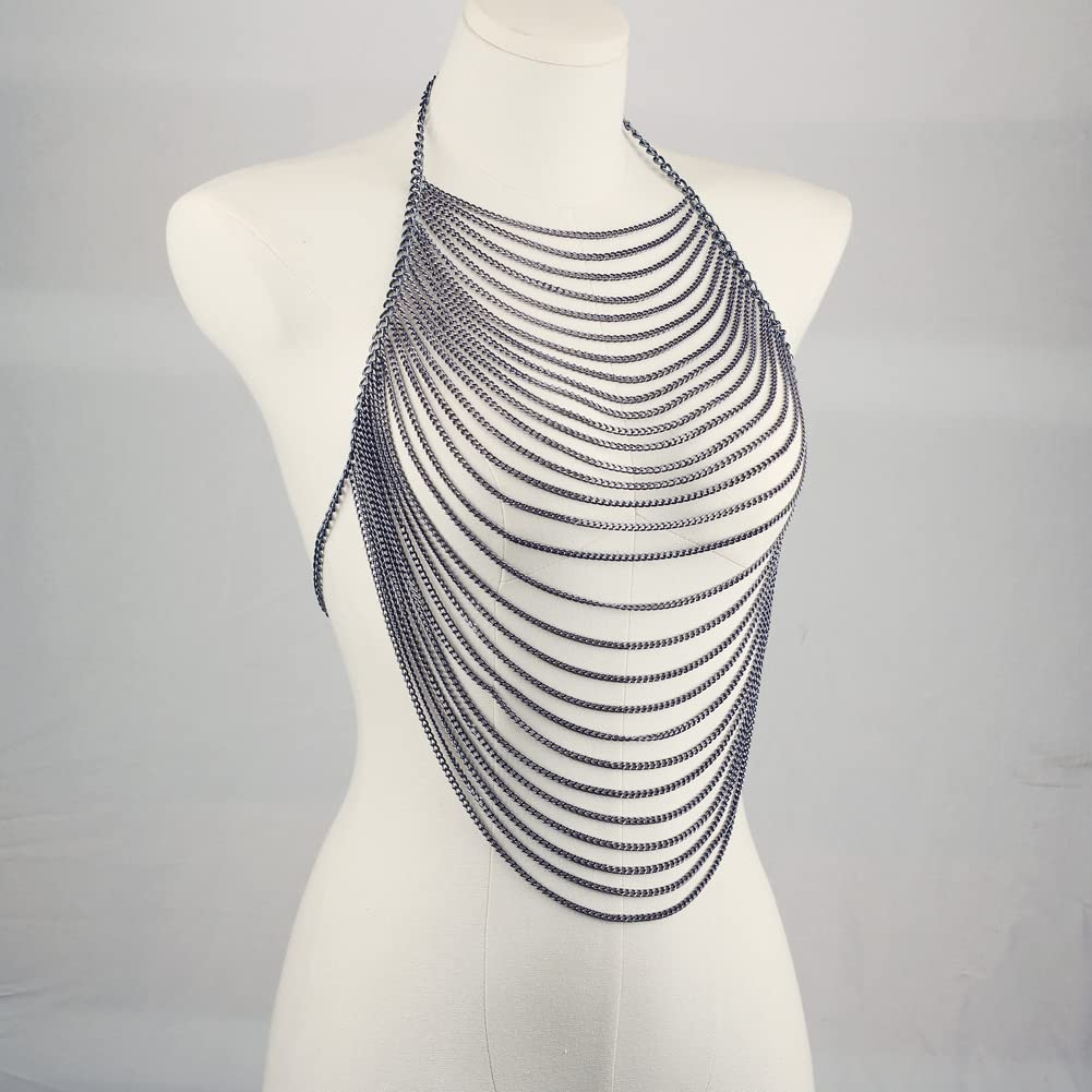 CHRAN Full Body Chain Jewelry for Women Sexy Costume Multilay Silver Metal Chain Harness