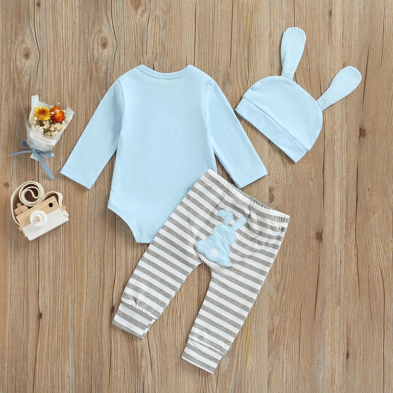 Newborn Baby Girls Boys Easter Outfits My 1st Easter Romper Bodysuit Stripe Bunny Pants Hat 3Pcs Clothes Set