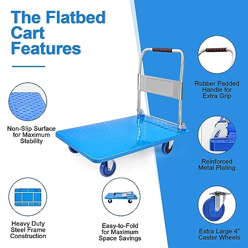Folding Dolly Cart with Wheels Collapsible - 2000lbs Alloy Steel Portable Foldable Moving Push Utility Flat Hand Trucks, Heavy Duty Trolley Dolley with 360 Degree Swivel Wheels