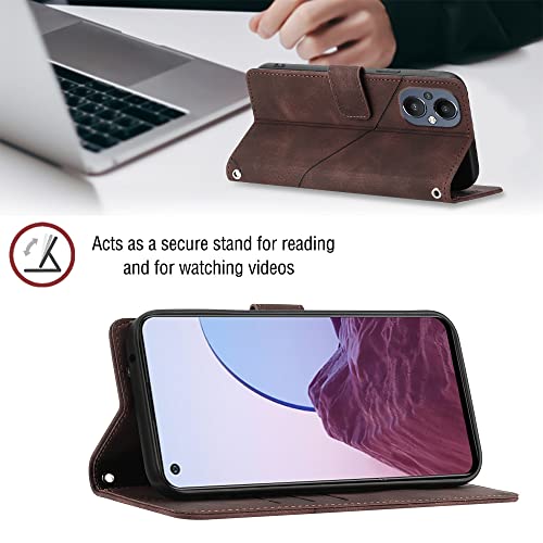 Compatible with OnePlus Nord N20 Wallet Case with Credit Card Slots Kickstand and a Wrist Strap Brown Leather Protective Cover with Embossed Design for 5G 6.43 inch
