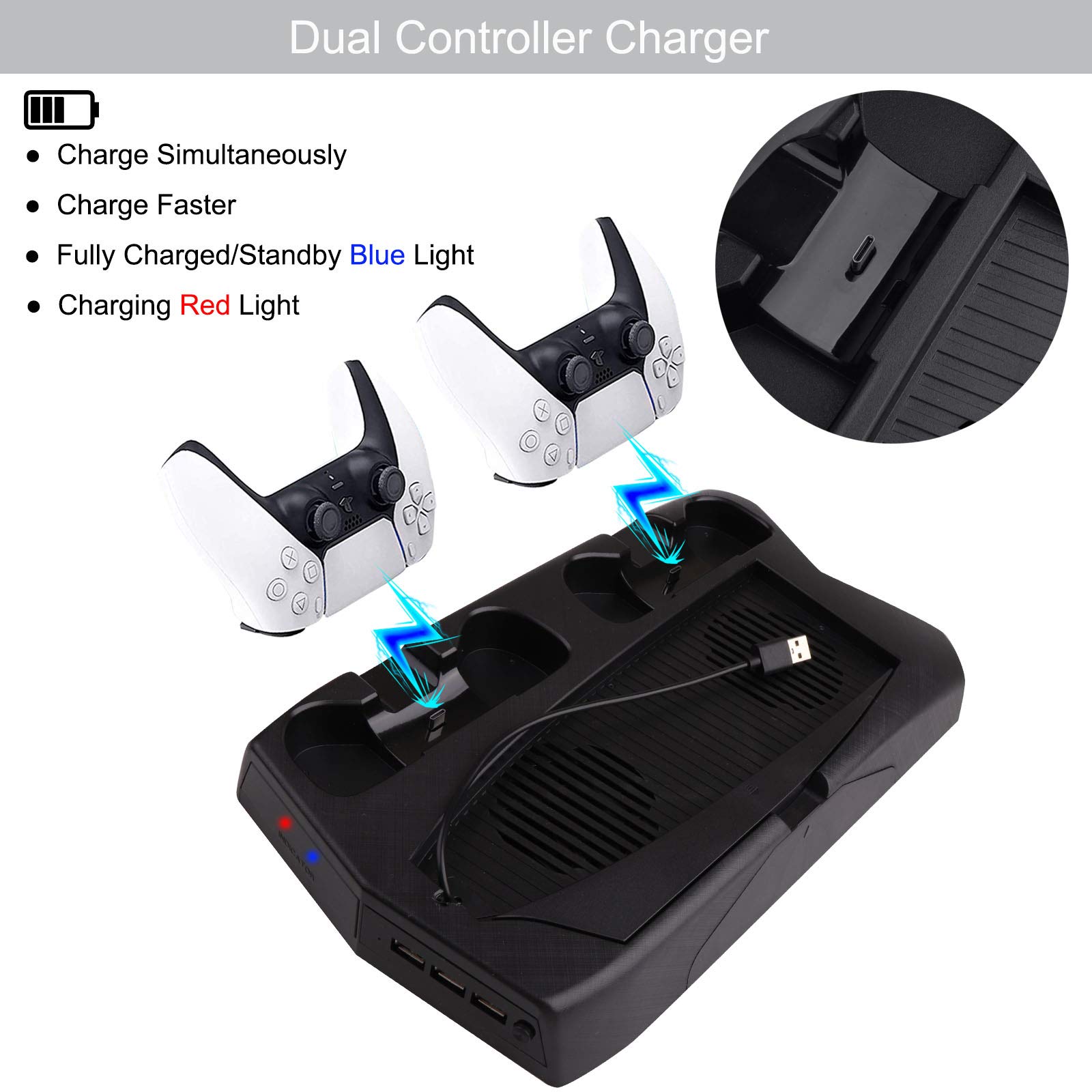 Cooling Fan Station Charging Dock Vertical Stand for PlayStation 5 PS5 with 3 USB Hubs, 2 DualSense Controller Charging Dock and 14 Games Slots