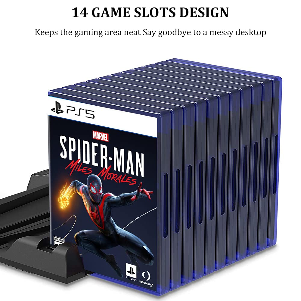Cooling Fan Vertical Stand Compatible with Playstation 5 with DualSense Controller Charging Station and 14 Game Slots - 4 Thumbstick Caps Included