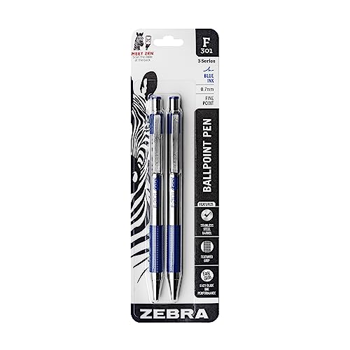 Zebra Pen F-301 Retractable Ballpoint Pen, Stainless Steel Barrel, Fine Point, 0.7mm, Blue Ink, 2-Pack