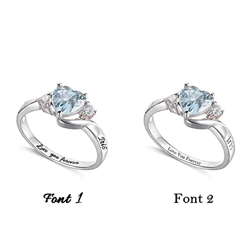Custom Sterling Silver Promise Ring for Women Heart Shaped Stone Engagement Ring for Her Personalized Engraved Bridal Ring with Heart Simulated Birthstone Wedding Statement Engagement Ring