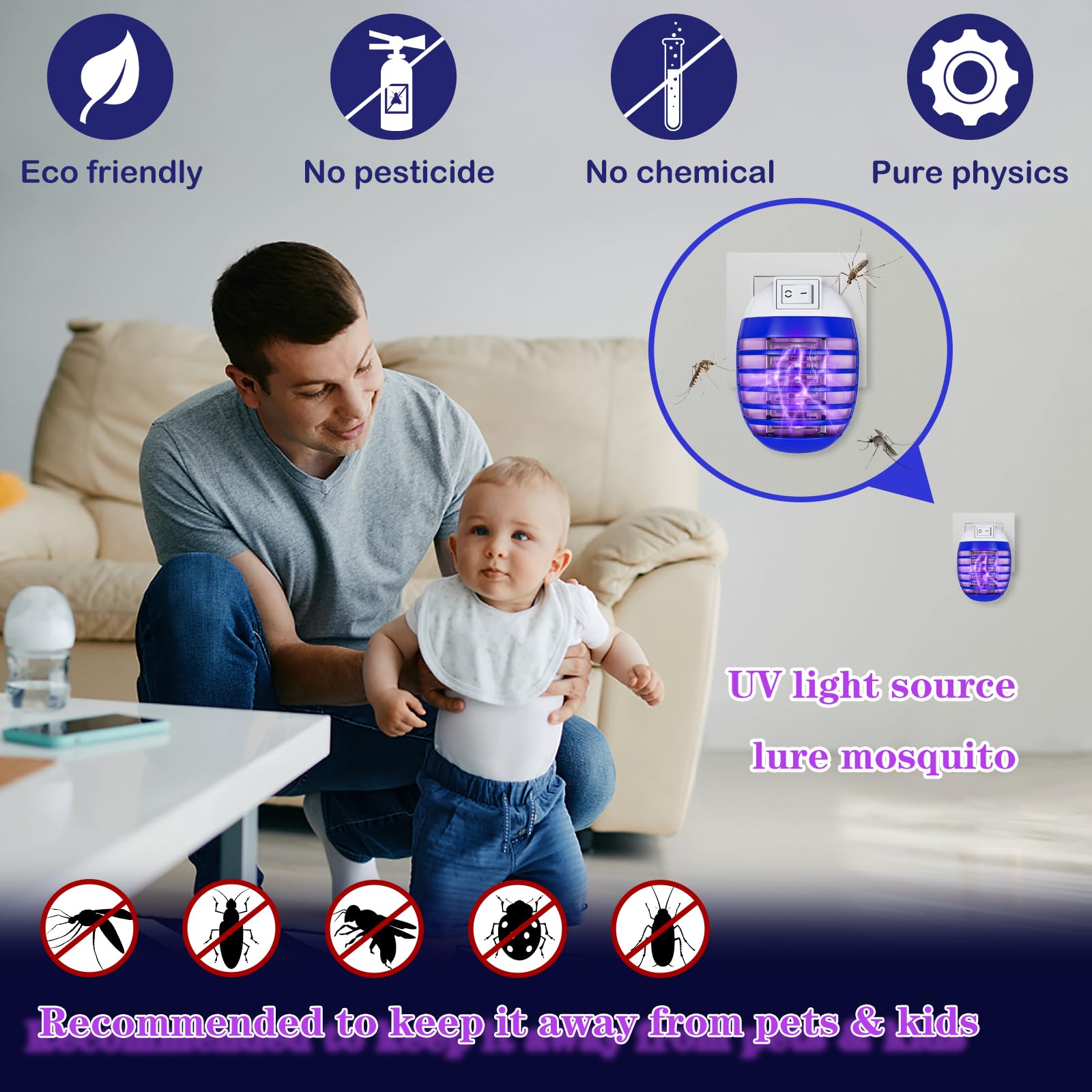 Hywean 4 Pack Plug in Bug Zapper Indoor Flying Insect Trap, Electronic Mosquito Zapper Gnat Traps with LED Light for Patio, Bedroom, Kitchen, Office, purple