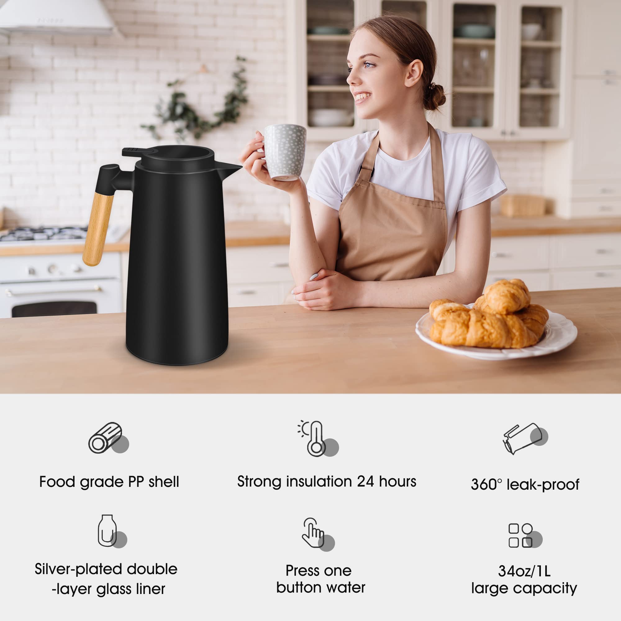 CUDINHAM Thermal Coffee Carafe,24H Long-Lasting Heat Preservation Coffee Carafes for Keeping Hot, 34Oz/1L, One-Button Water Spout, Double Wall Vacuum Coffee Thermos with Solid Wood Handle.(Black)