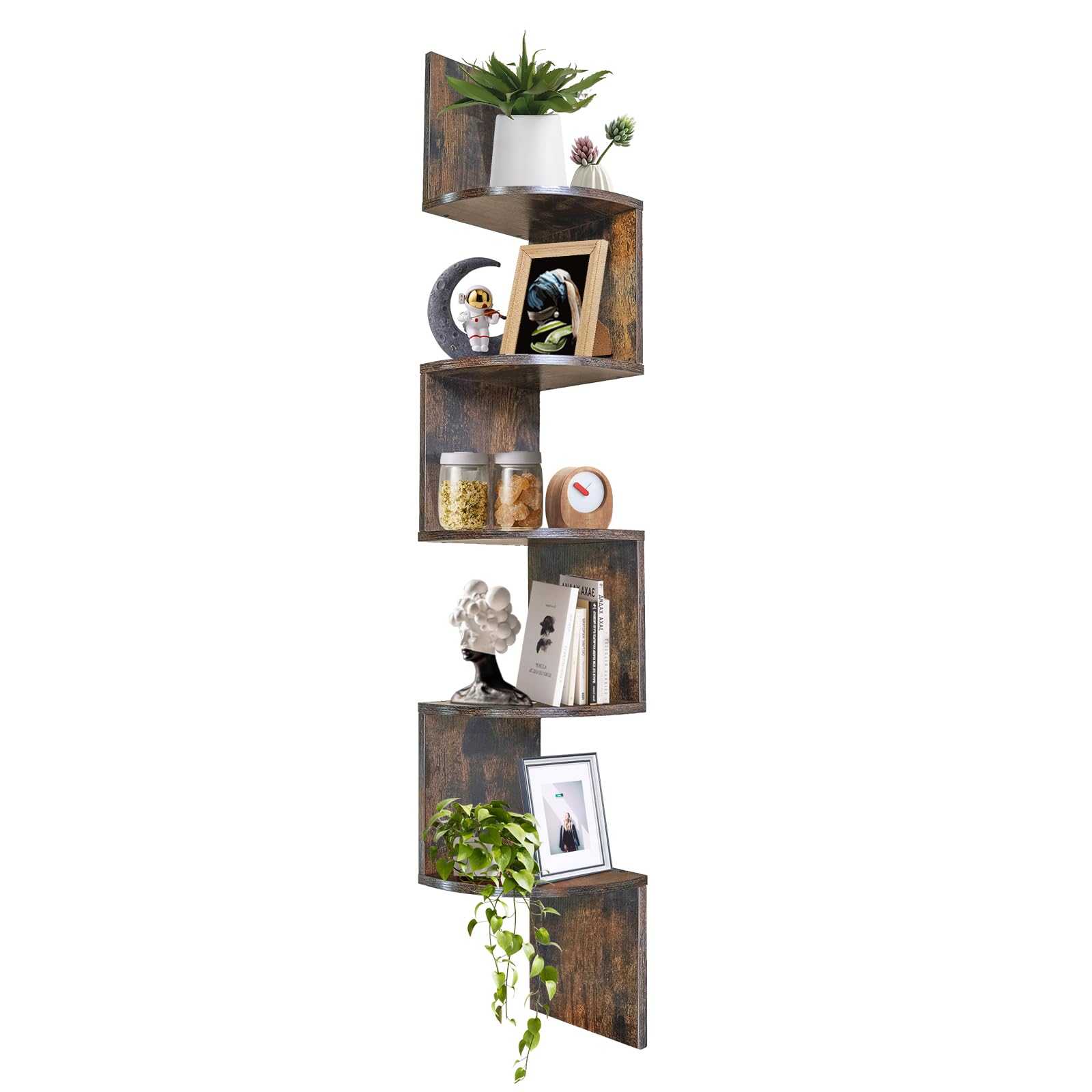 Haoyier 5-Tier Corner Shelves, Floating Corner Shelf, Wall Mount Floating Corner Shelf for Bedrooms, Bathroom Shelves, Kitchen, Offices, Living Room Brown