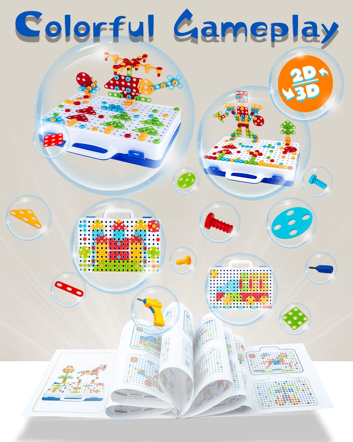 UNIH Kids Drill Set Toys for 3 4 5 Year Old Boys Girls, Building Educational Stem Puzzle Toys Learning Toy for Kids Gift (237 Pcs)