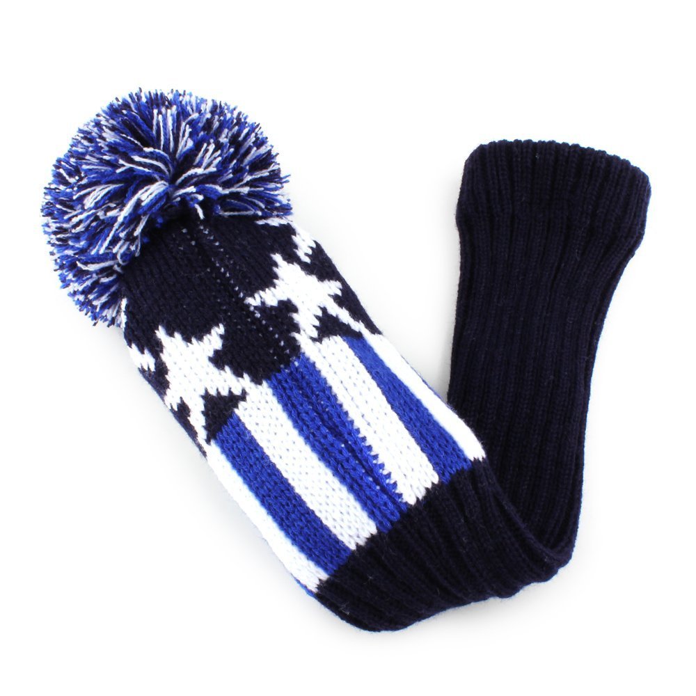 COOLSKY Golf USA Blue Star Stripes Pattern Set Knit Vintange Pom Pom Sock 3pcs Headcover Covers Available in Driver or Fairway/Hybrid Size