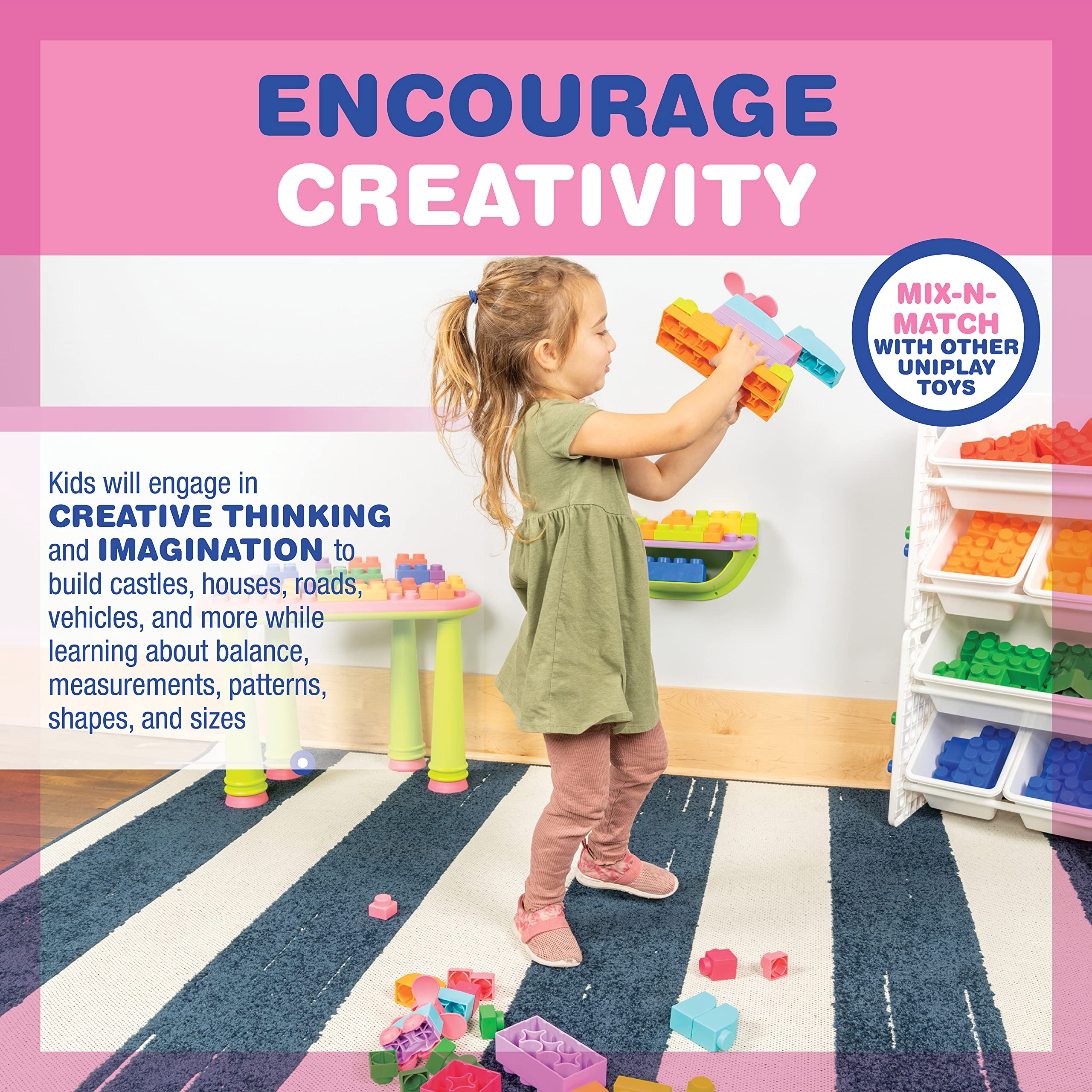 UNiPLAY Plus Soft Building Blocks β Creativity Toy, Educational Play, Cognitive Development, Early Learning Stacking Blocks for Infants and Toddlers, Pink (42-Piece Set)