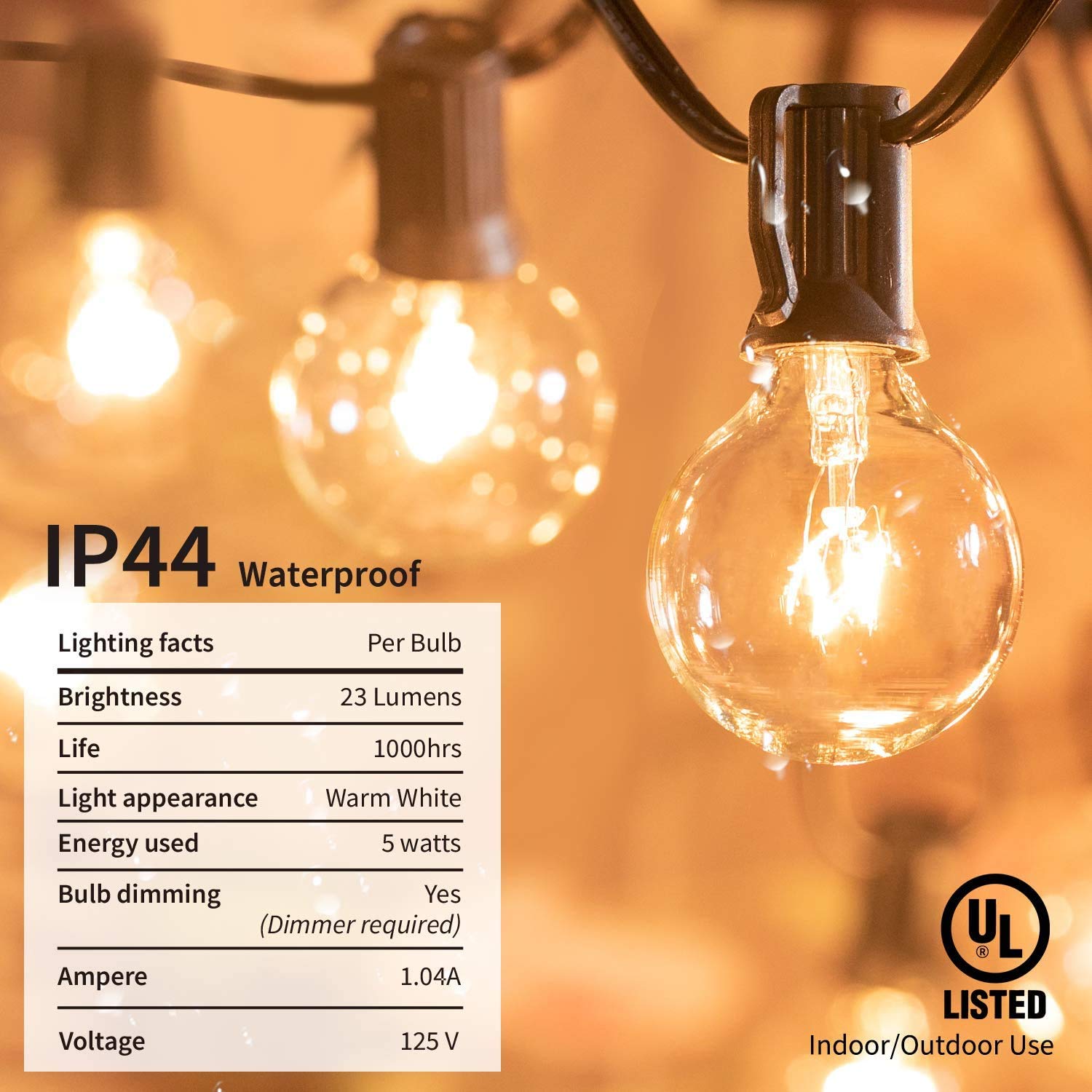Brightown G40 Clear Light Bulbs Outdoor Light Bulbs Globe E12 Candelabra Screw Base, Incandescent Round Warm Replacement Glass Bulbs for Patio String Lights, 5W 120V, Pack of 25
