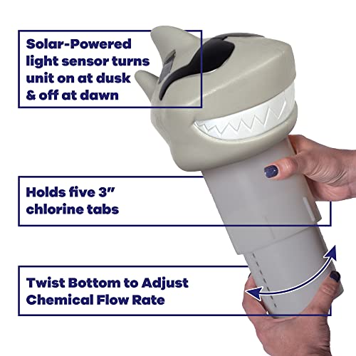 GAME 12902-BB Solar Light-Up Shark Pool 3-inch Tablet Chlorine Dispenser LED Light Sensor, Grey, 6.54β x 9.25β x 12.48