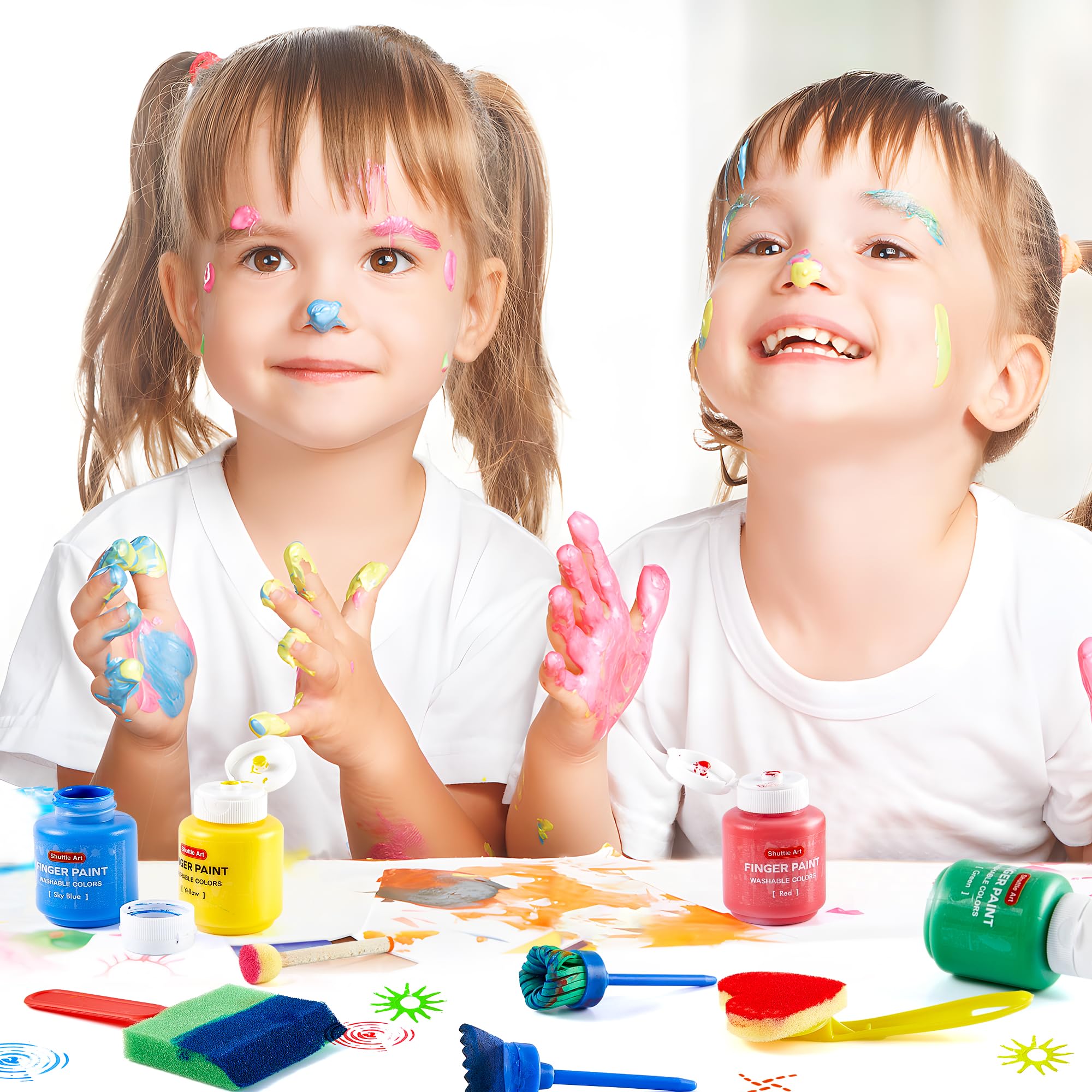 Washable Finger Paint Set, Shuttle Art 46 Pack Kids Paint Set with 14 Colors(60ml) Finger Paints, Brushes, Finger Paint Pad, Sponge, Palette, Smock, NonToxic for Toddlers Home Activity Early Education