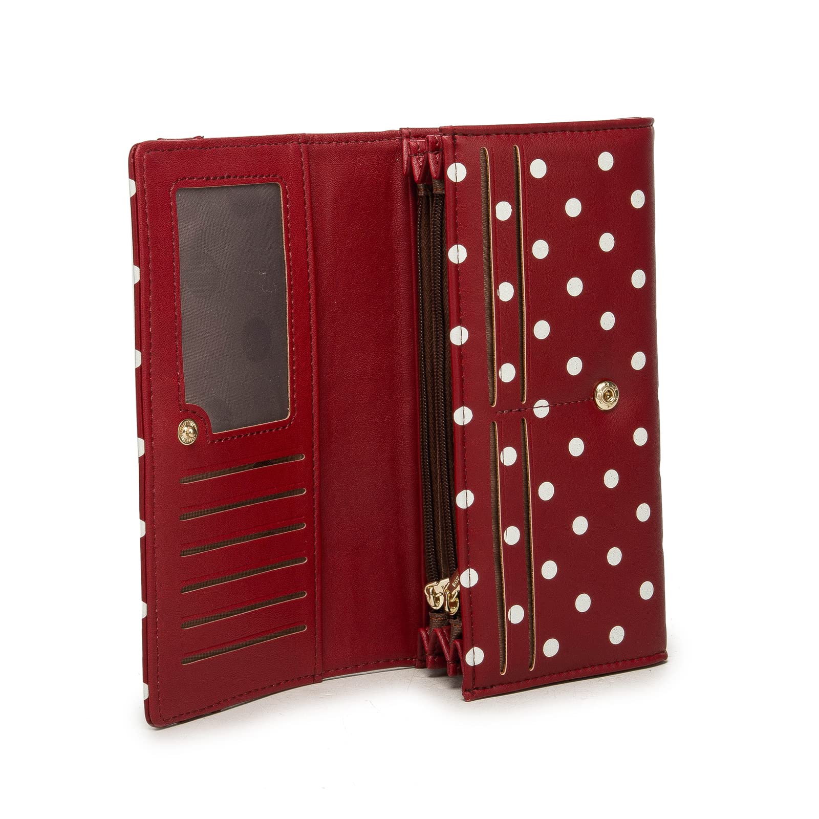 ROYALFAIR Polka Dot Wallet for Women, PU Leather Lady Purse with Cute Bowtie Card Holder Money Manager with ID Window (White Dots in Red)