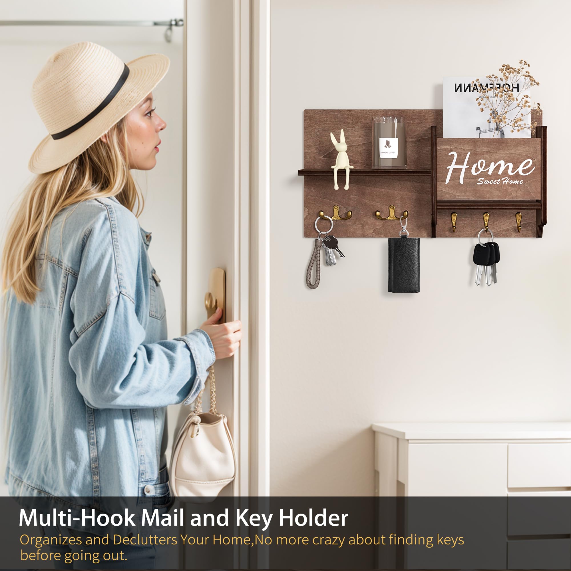 GiftMust Wall Mounted Key Holder Organizer with Storage, DIY Assembling Decorative Wall Mounting shelf with Key Hangers for Home, Kitchen, Bathroom, Bedroom, Living Room, Dining Room, Entryway
