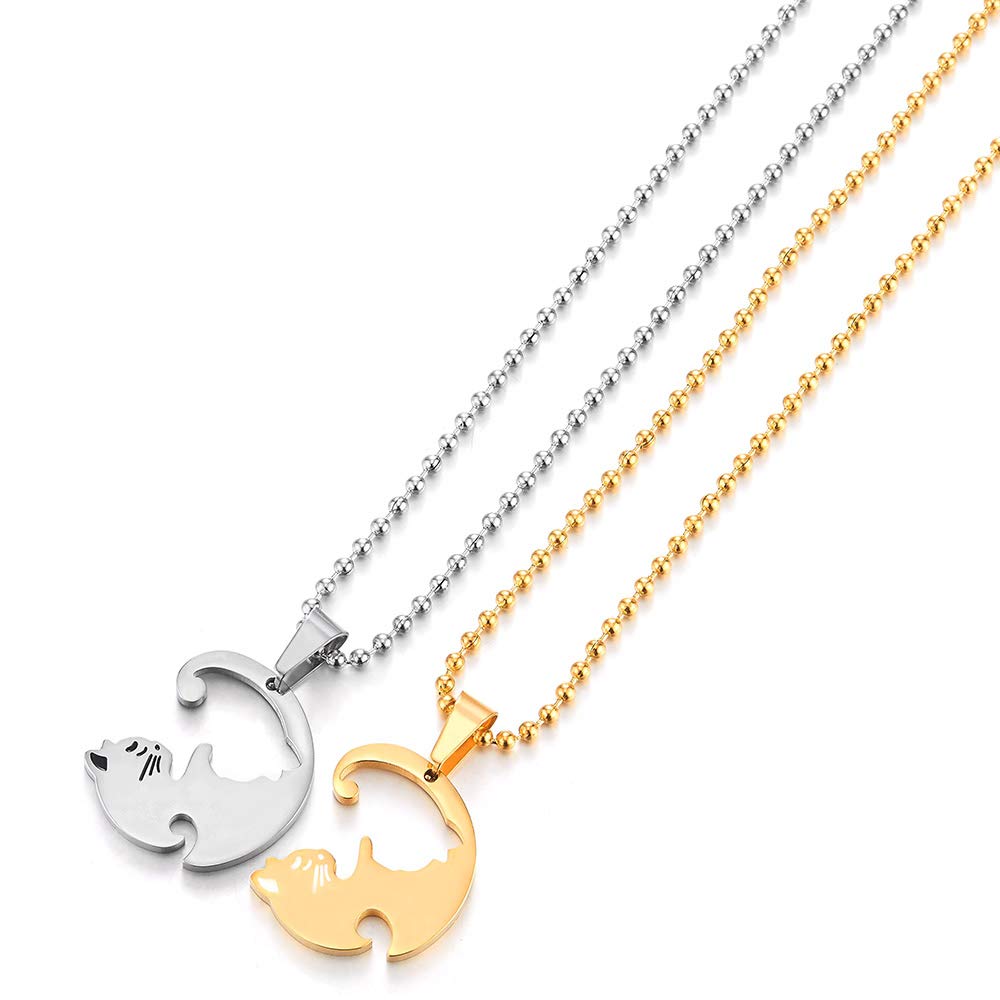 COOLSTEELANDBEYOND Pair Steel Gold Silver Matching Kitty Cat Friendship Pendant Necklace, Lovers Couples Friends