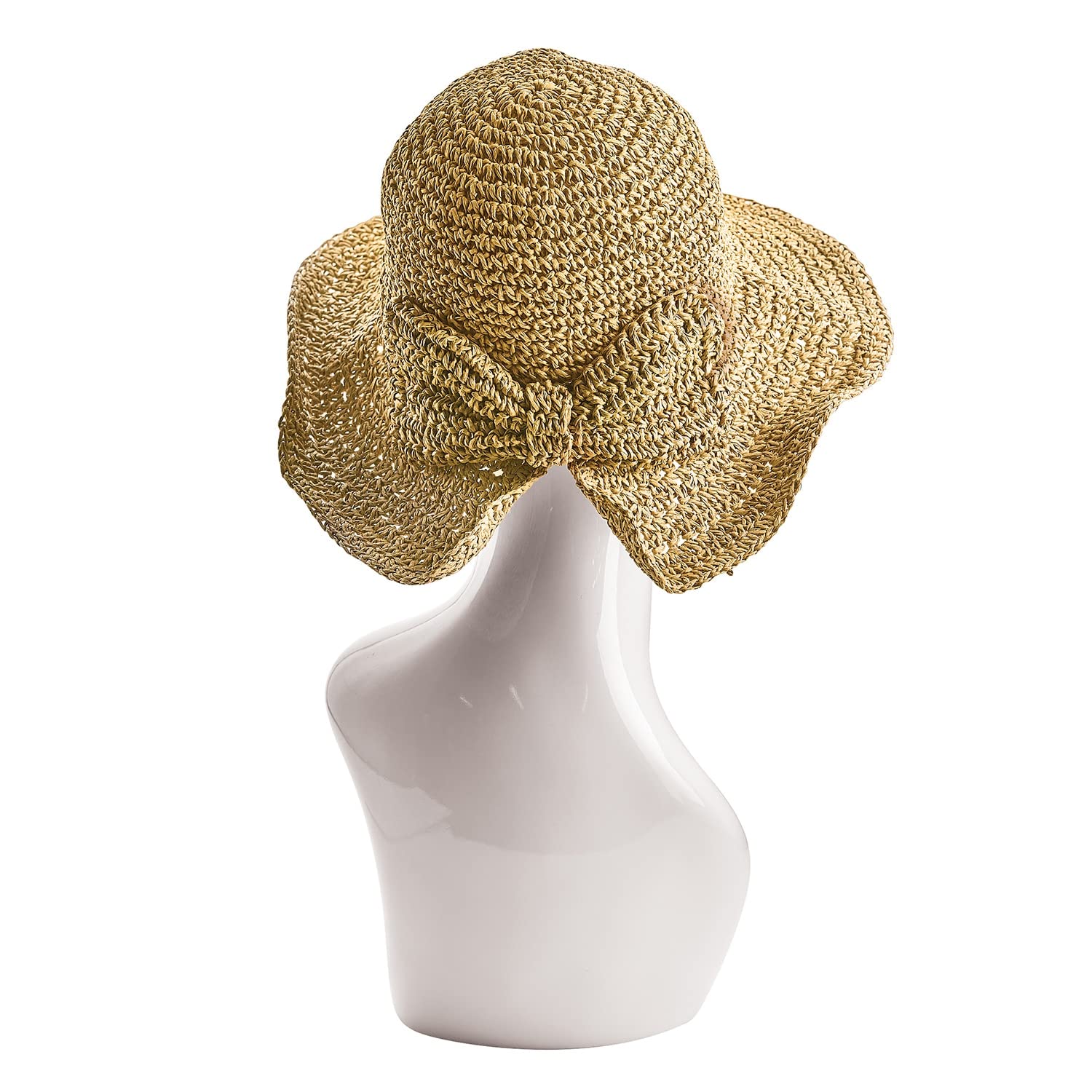 FLORIANA Womens Crocheted Straw Hat - Packable Split Back Sun Hat with Bow