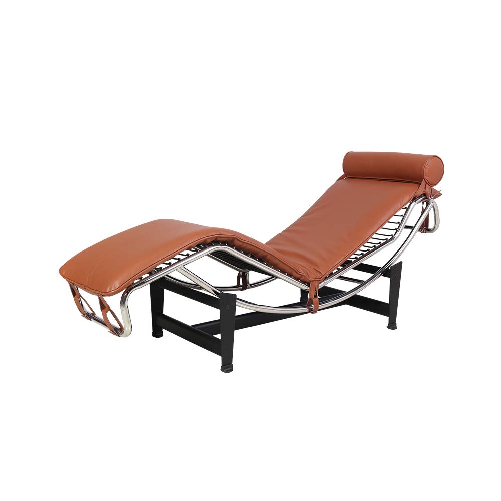 Patio Lounge Chair, Le Corbusier LC-4 Lounge Recliner Replica with Genuine Leather and Headrest, Adjustable Chair for Pool Side Outdoor Yard Lawn (Light Brown)
