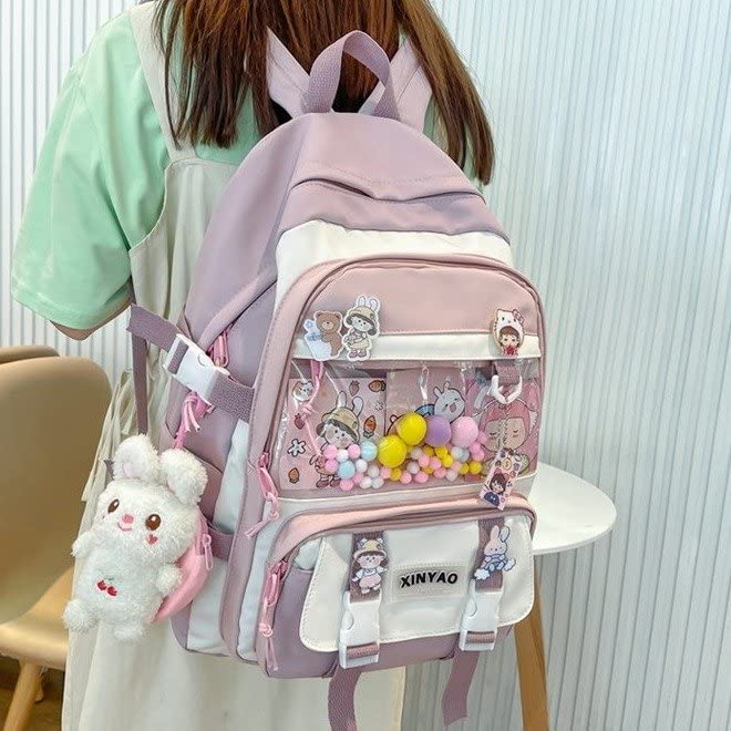 MocaDng Backpack for Girls, Kawaii Backpack Cute Aesthetic Backpack with Pin Accessories Plush Pendant, 17.7 Inch Backpack for School & Travel - Durable, Water Resistant (Purple)