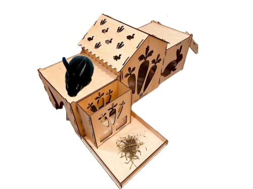 Indoor Bunny Rabbit Castle, Hideout and Wooden House Playset with Ramps, Hay Feeder & Waste Tray