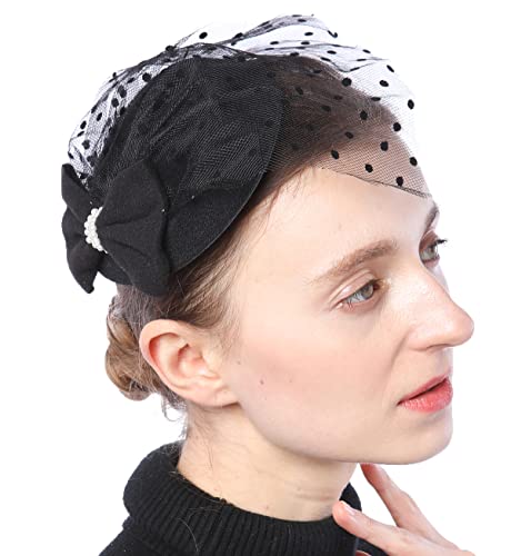 Coolwife Fascinator Hats Pillbox Hat British Bowler Hat Flower Veil Wedding Hat Tea Party Hat (E Black)