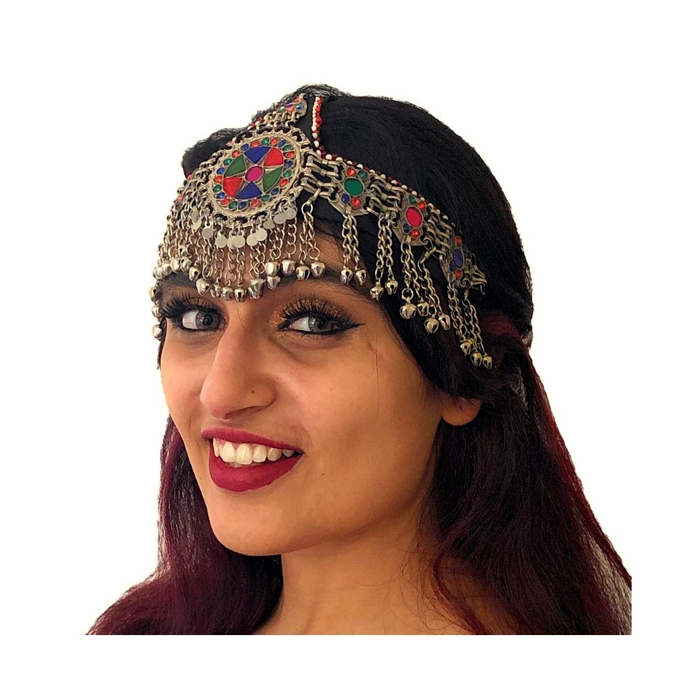 Duel On Jewel Ertuğrul Halima Turkish Kayi Tribal Afghan Kuchi Headband Ornament Jewelry In Antique Finish Bells Multicolor Stones - Costume Party Belly Dancing Gifts