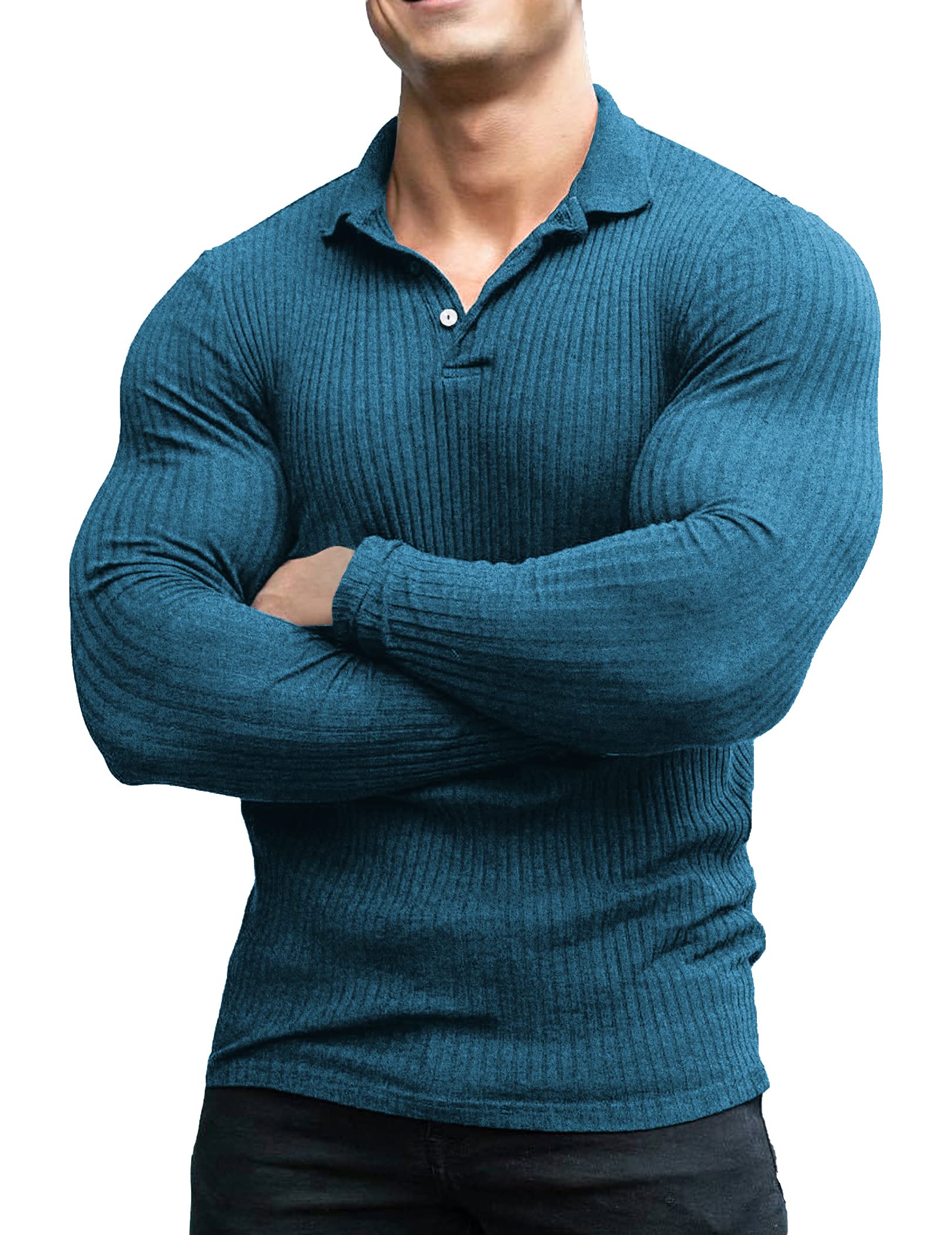 COOFANDY Mens Long Sleeve Polo Shirt Knit Pullover Golf Tops Sweater T Shirts Blue