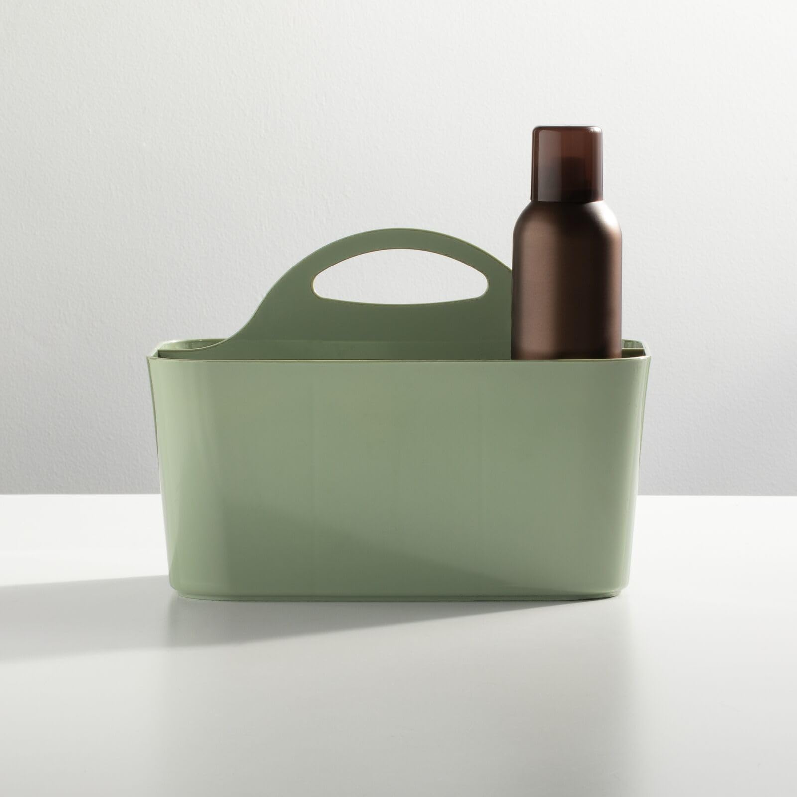 mDesign Small Plastic Shower/Bath Storage Organizer Caddy Tote with Handle for Dorm, Shelf, Cabinet - Hold Soap, Shampoo, Conditioner, Combs, Brushes, Lumiere Collection, Olive Green