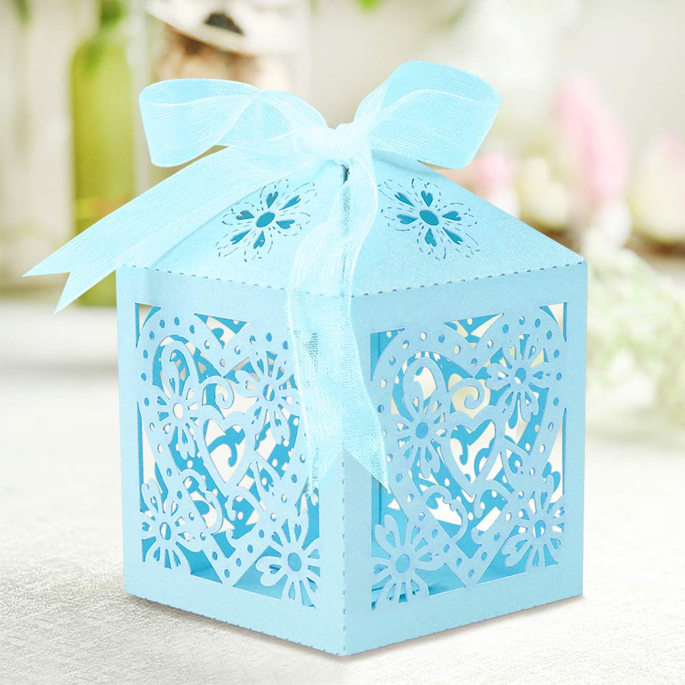 Lucky Monet 25/50/100PCS Love Heart Laser Cut Wedding Candy Gift Box Chocolate Box for Wedding Favor Birthday Party Bridal Shower with Ribbon (100pcs, Blue #01)