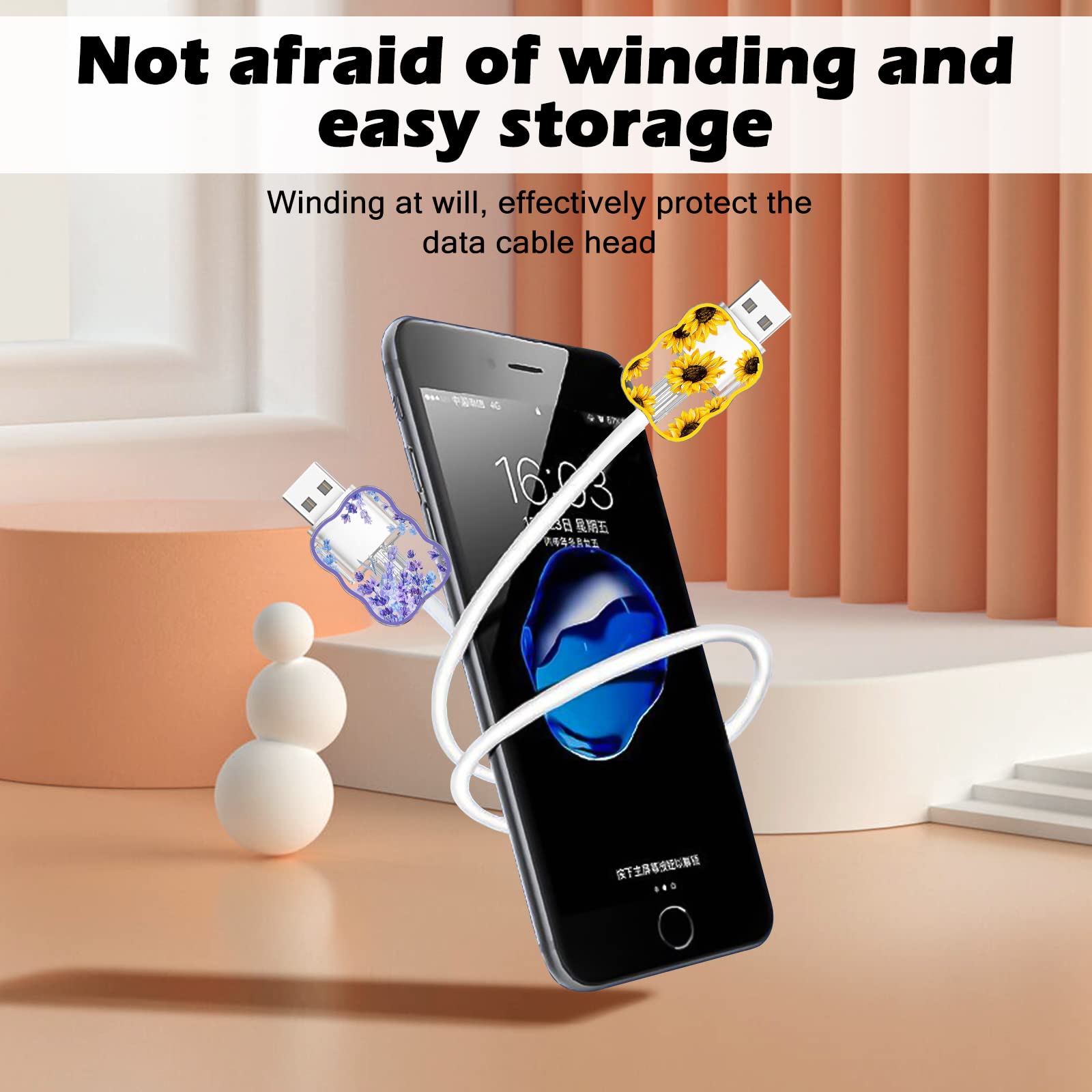 Flower Charger Cable Protector for Samsung Android USB Charger Cute Wave Edge,Butterfly Sunflower Camellia Pattern 4 PCS USB Cable Protectors,Phone Cord Protector for Women Girls,USB Charger Saver