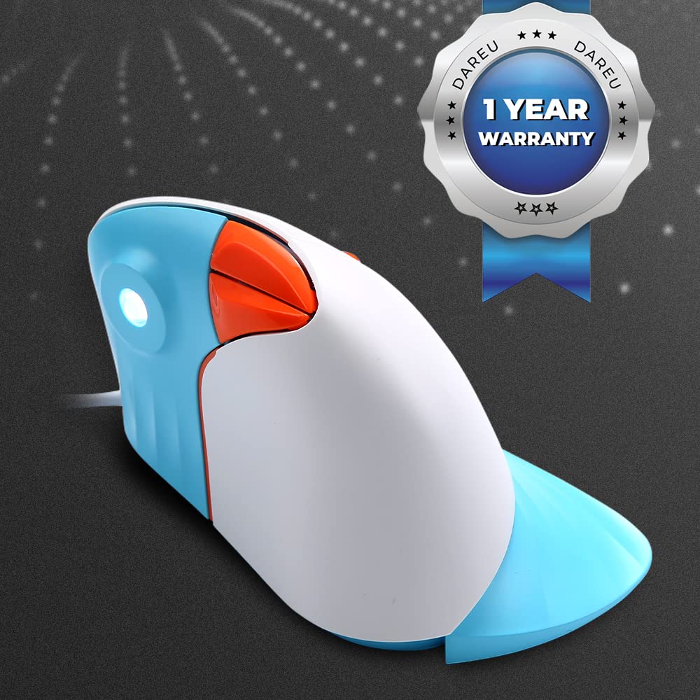 DAREU Vertical Ergonomic 89g Lightweight Optical Mouse, USB Wired RGB Gaming Mouse Reduce Wrist/Hand Strain, 1000/1600/3200/6400 DPI, 6 Buttons for Laptop, Desktop, PC, Mac (White&Blue)