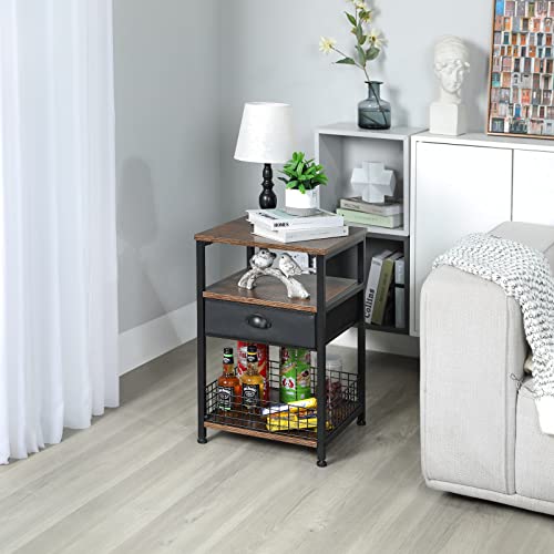 Industrial Nightstand, Bedside Table End Table with Storage Drawer, Open Wood Shelf, 16βx 16β Side Table with Adjustable Feet, for Bedside Sofa Couch, Living Room, Bedroom, Black and Brown