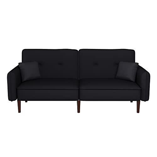 FIQHOME Loveseat, Convertible Sleeper Magazine Bag,Futon Sofa Bed with Solid Wood Leg in Black Fabric for Living Room Bedroom Dorm Apartment Studio