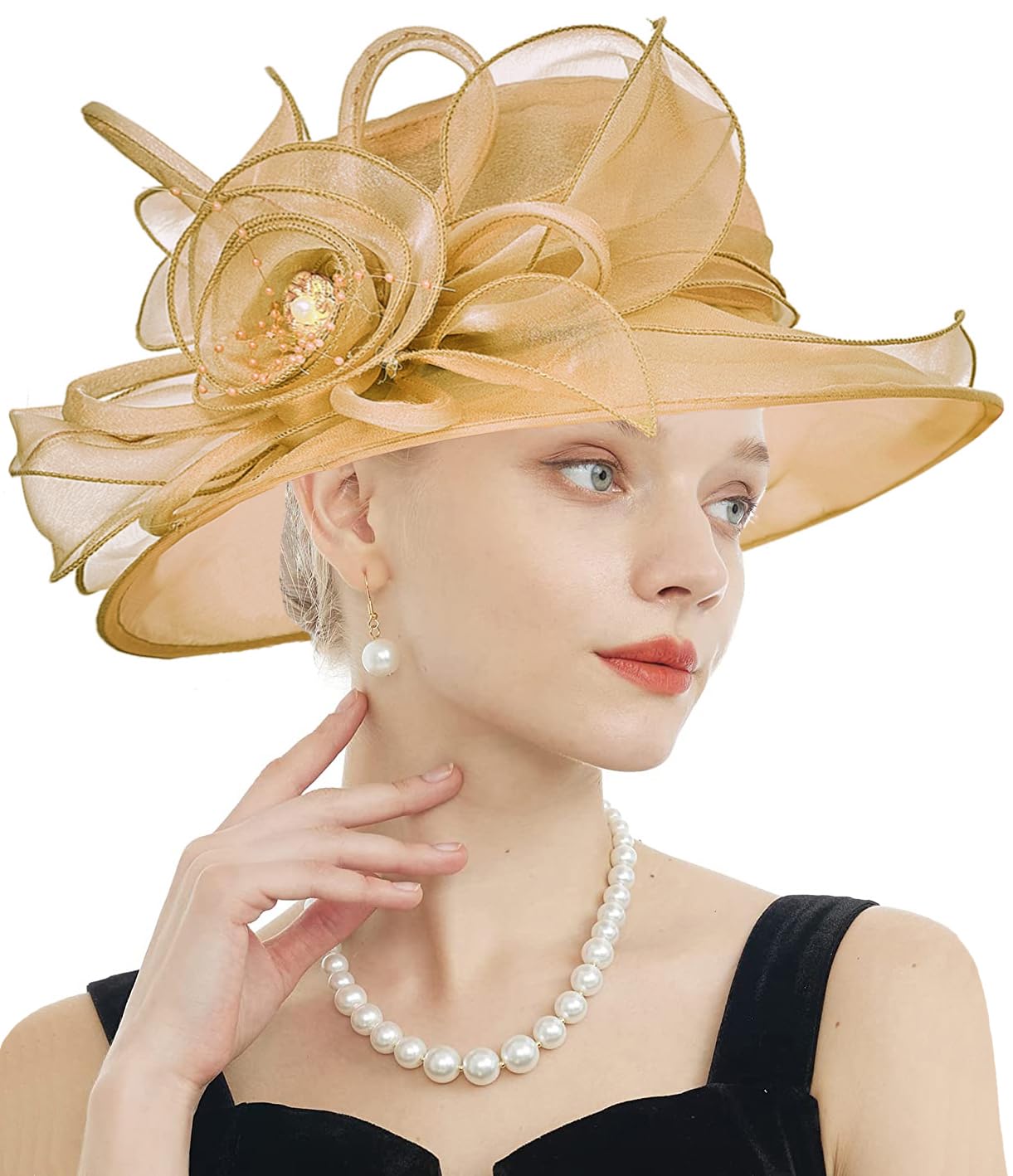 RZTA Women's Kentucky Derby Church Dress Hat Wide Brim Leaf Flower Bridal Shower Hat B Beige