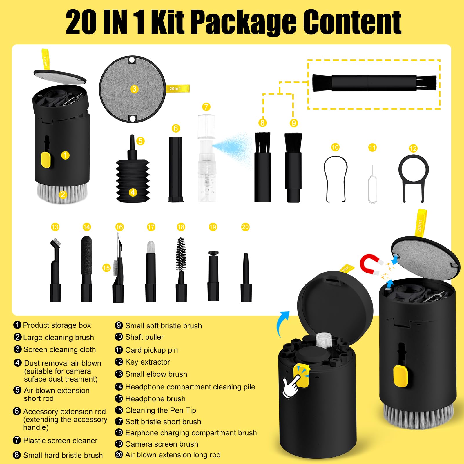 Computer Keyboard Cleaner Kit, Laptop Screen Cleaning Spray for iPhone AirPods Cell Phone MacBook iPad Pro, 20-in-1 Electronic Clean Brush Tool for Earbuds iPod PC Monitor TV Earphone Camera - Black
