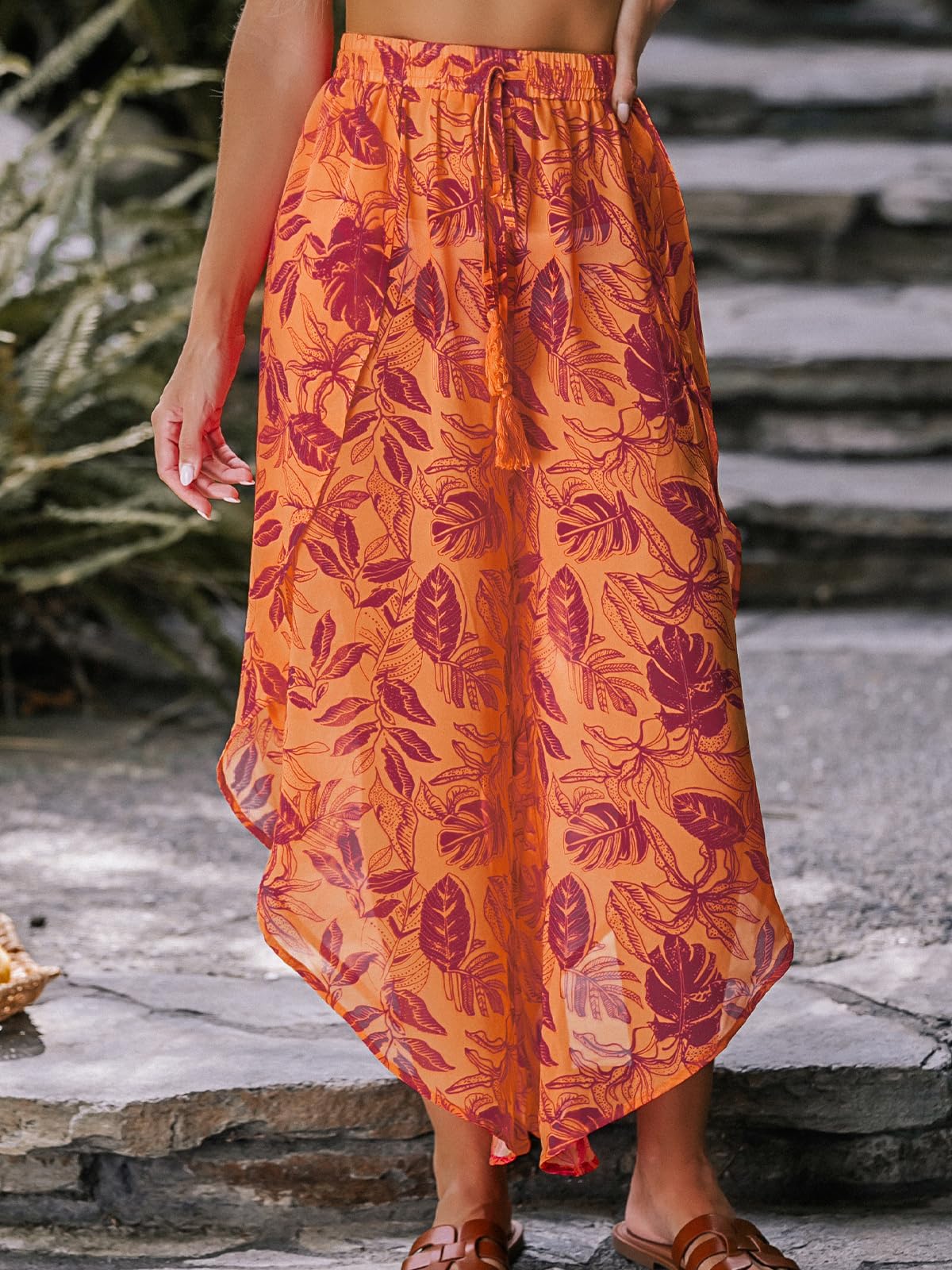 CUPSHE Women's Tropical Leaf Print Tassel Tie Cover-Up Pants Mixi Beachwear