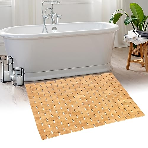 Natural Bamboo Bath Mat, 24 x 16 Inches Non-Slip Bamboo Shower Mat, Waterproof Foldable Wood Bath Mat for Sauna, Spa, Indoor or Outdoor
