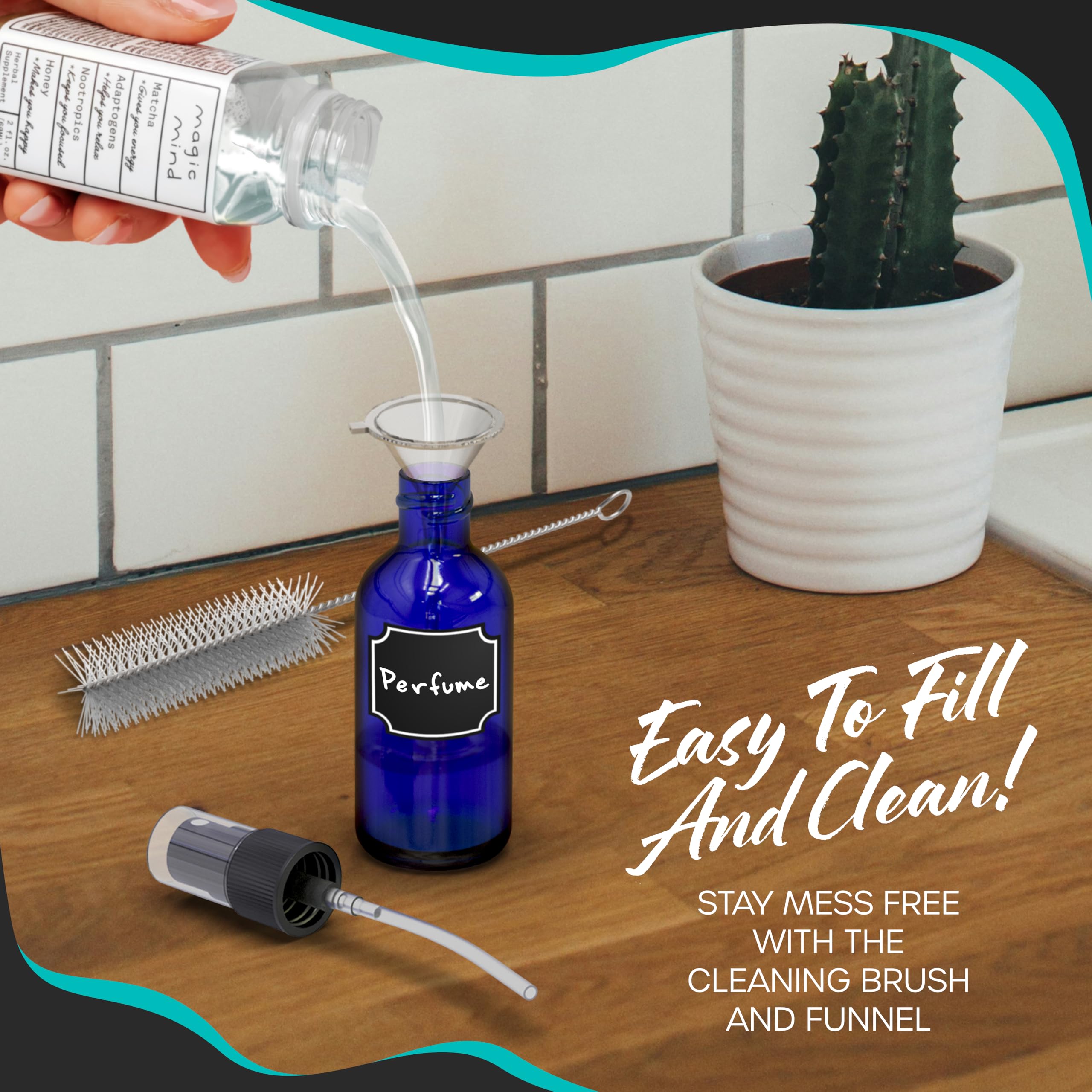Nevlers 48 Pack Blue 1 Oz Glass Spray Bottle | The Blue Misting Glass Bottles Includes Sprayers, a Funnel & Brush with Bonus Labels to Easily Identify its Contents
