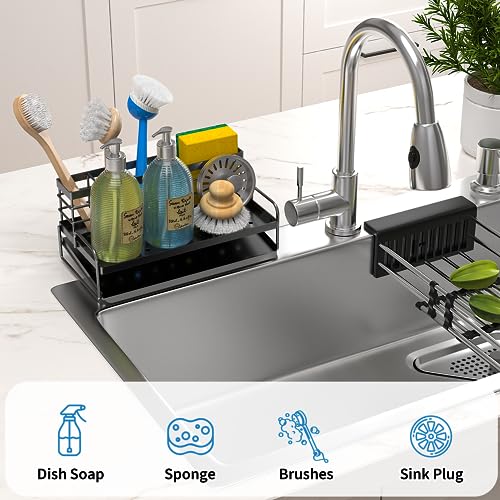 Cisily Kitchen Sink Caddy Organizer, Sponge Holder for Kitchen Sink, SUS 304 Stainless Steel Sponge Organizer, Scrub Daddy Holder, Dish Brush Holder for Kitchen Sink, Kitchen Accessories(Black)