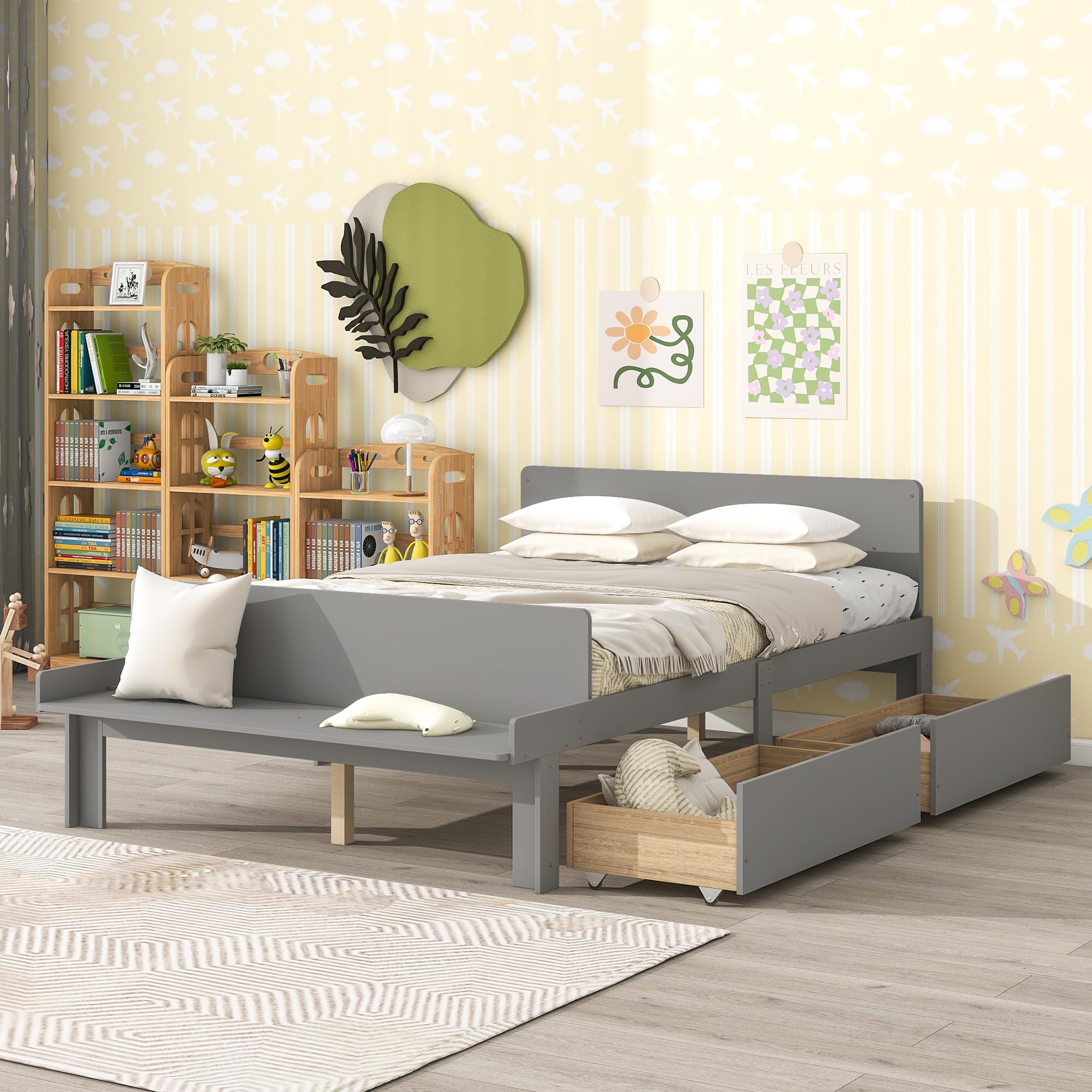 Kids Bed Twin Size, Wood Platform Bed with Headboard and Footboard Bench, Wooden Twin Bed Frame with Slats Support for Boys Girls, No Box Spring Needed, Gray