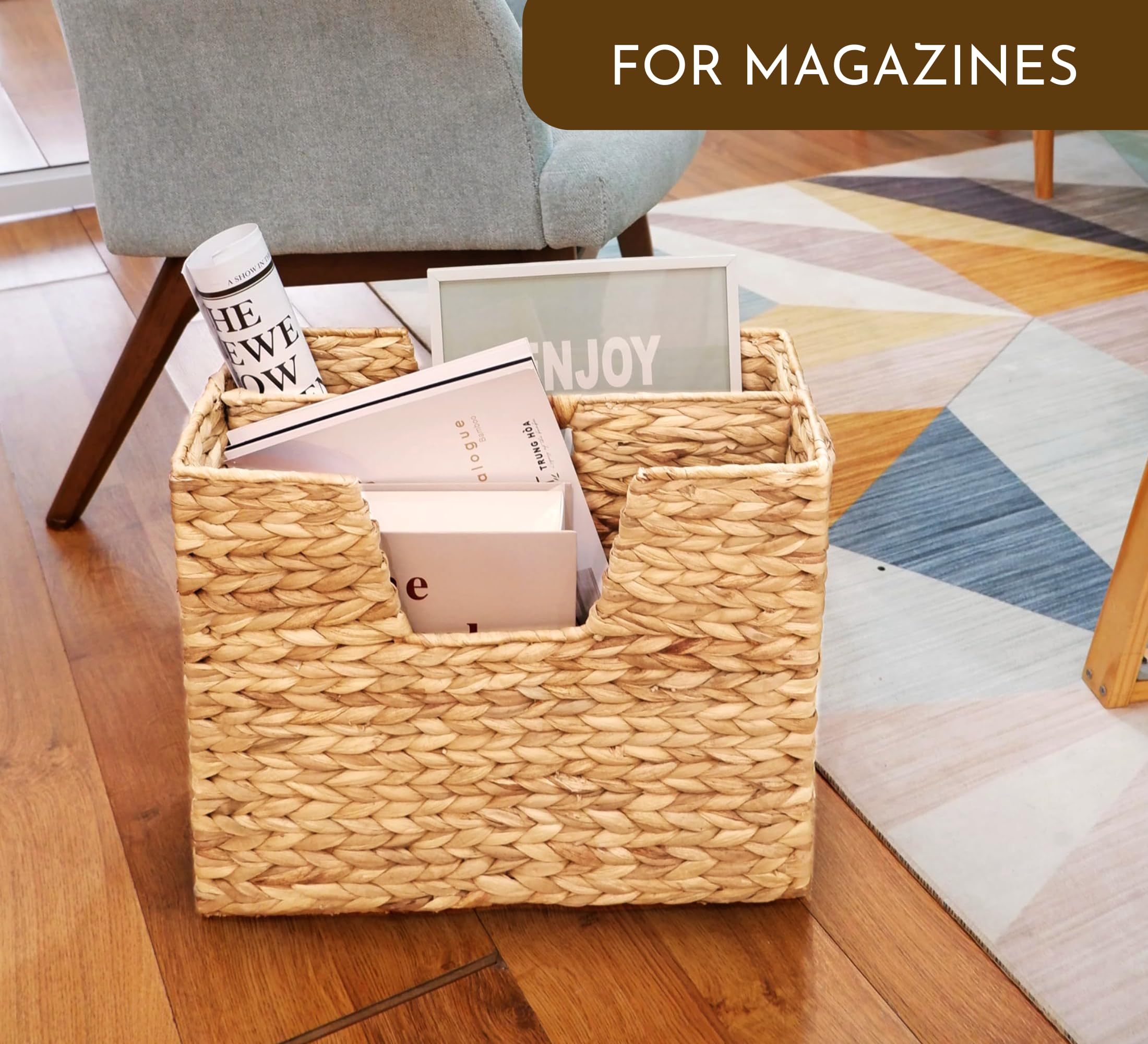 Chi An Home Wicker Magazine Basket, Water Hyacinth Basket for Files, Rattan Newspaper Rack Skinny Wicker Basket for Books & Files, Divided Hyacinth Basket With Handle (Medium)