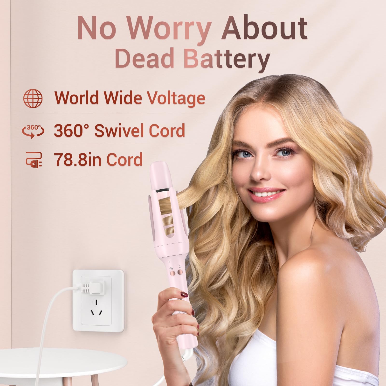 Curlicue Automatic Curling Iron Hair Curler,Replaceable Curling Wand w/ 2 Sizes Barrel (1'',1.25'') & 3 Temps,Hair Waver w/ Anti-Tangle & Auto-Off,Double Voltage Rotating Curling Iron Long Hair-Rose