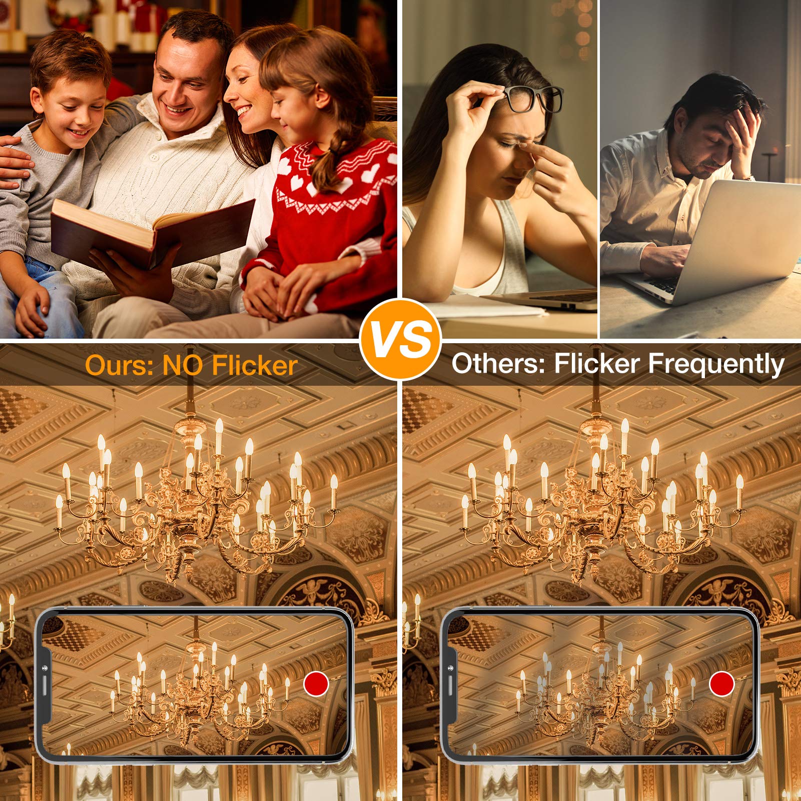 CP3 E12 LED Candelabra Light Bulb 40W Equivalent, Non-Dimmable 4W 400LM Candle Light Bulb 360 Degree Lighting Chandelier Light Bulbs with Decorative Candle Base, Clear Glass, 2700K Warm White, 6 Pack