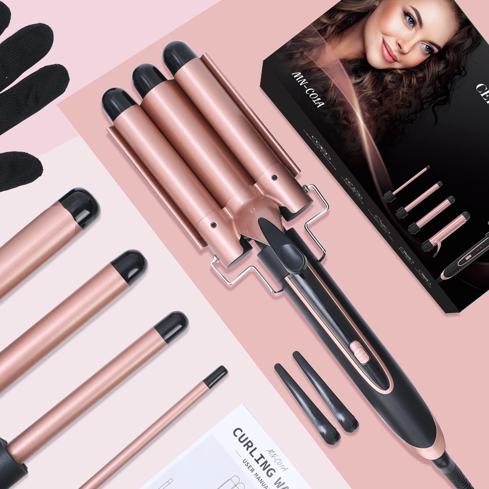 Curling Iron, 5 in 1 Curling Wand Set with 3 Barrel Hair Crimper Hair Tool & 4 Interchangeable Ceramic Curling Wand(0.35β-1.25β), 2 Temps, Instant Heating, Include Heat Protective Gloves & 2 Clips