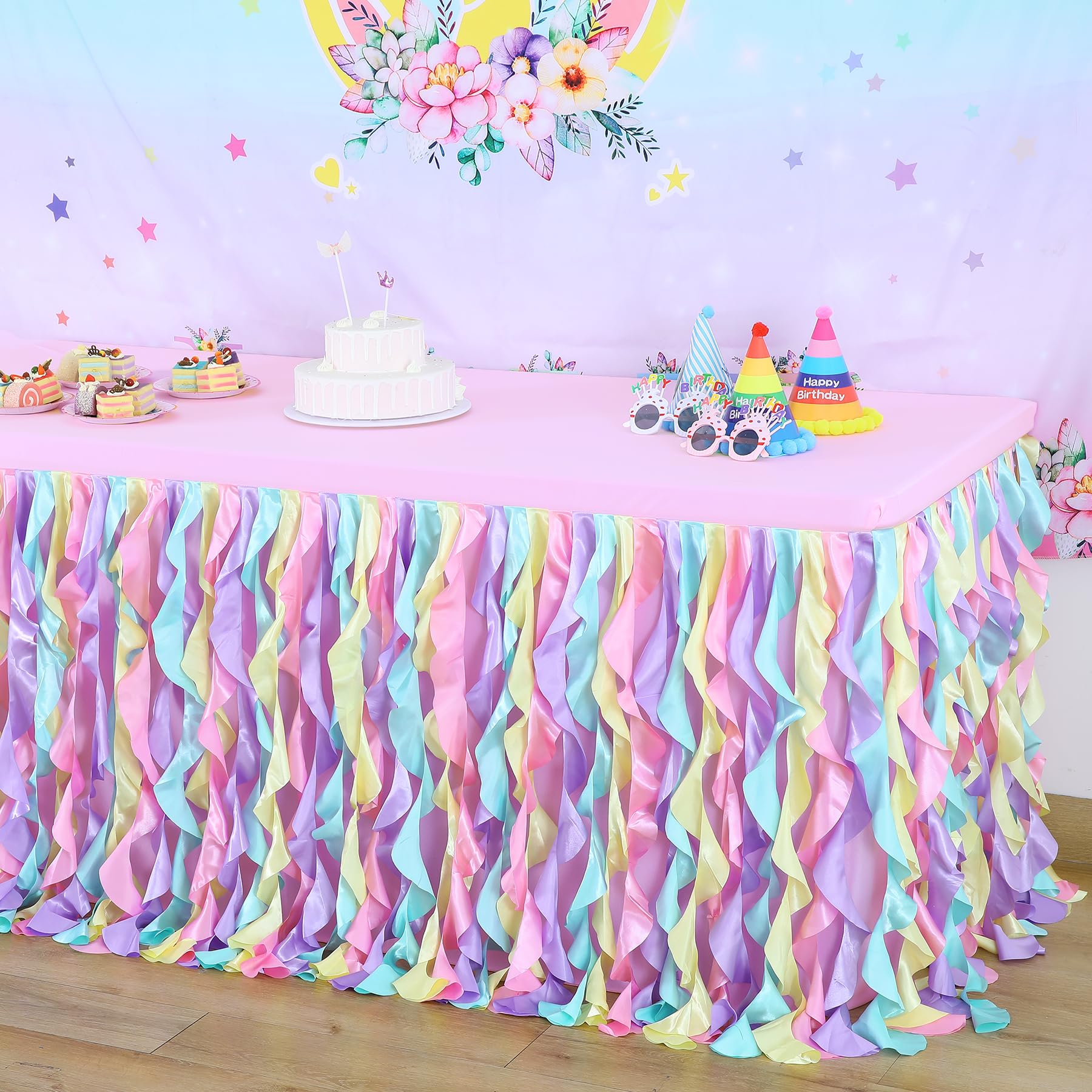 gogoparti Pastel Rainbow Tablecloth for 6 ft Rectangle Table Pastel Rainbow Ruffle Tulle Table Skirt for Unicorn Theme Birthday Party Decoration