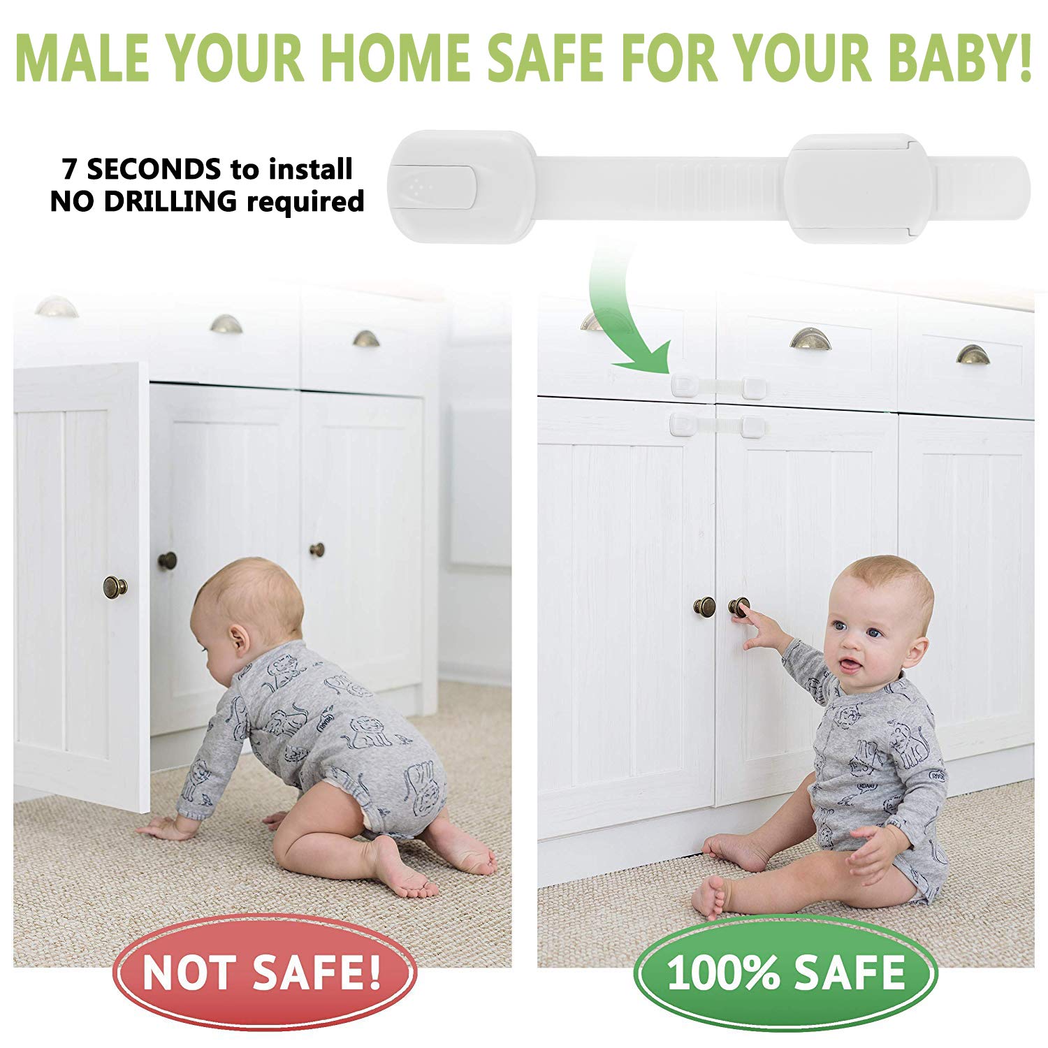Child Safety Lock, 12 pcs Adjustable Baby Safety Lock Proofing Latches to Drawer Door Fridge Oven Toilet Seat Kitchen Cupboard with No Trapped Fingers. Extra Easy Install, No Tools Needed
