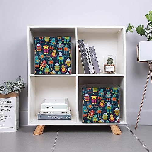 Cute Cartoon Robots Storage Cubes with Handles Foldable Fabric Bins Organizing Baskets for Shelves Closet